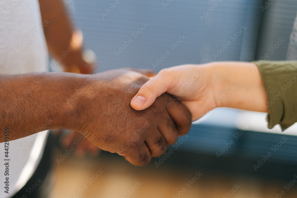 Exteme close-up handshake of Caucasian woman and black male indoors at ...