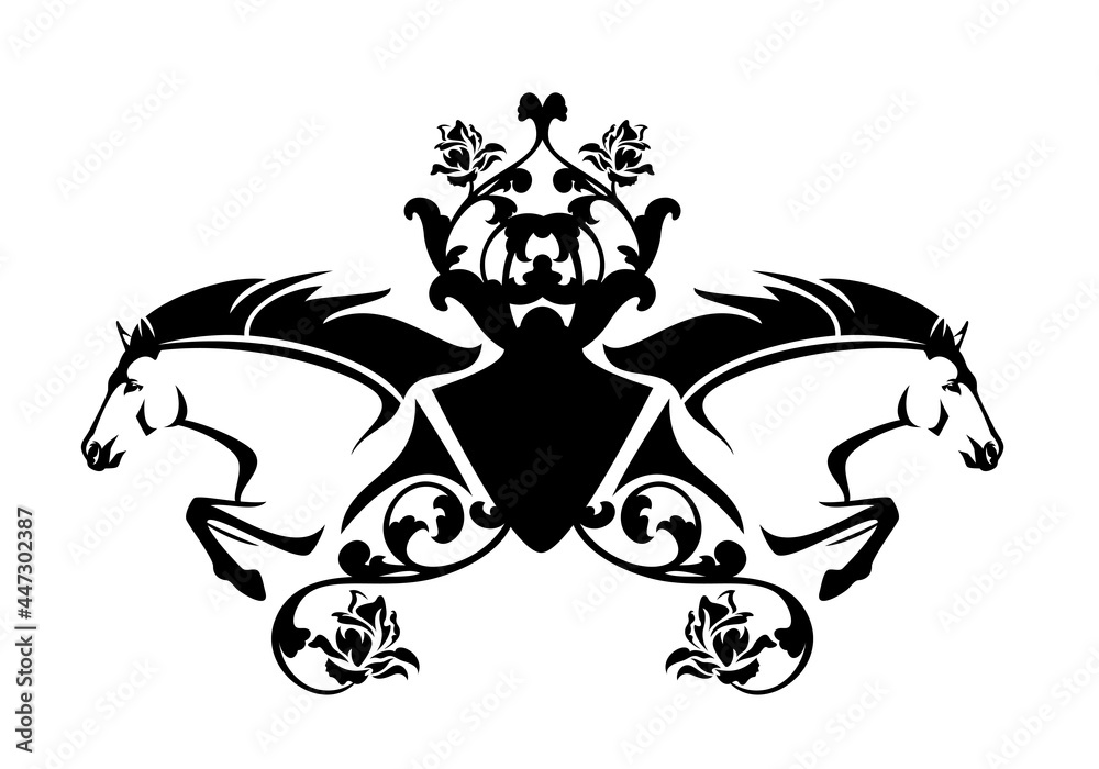 pair of jumping horses and heraldic shield decorated with rose flowers ...