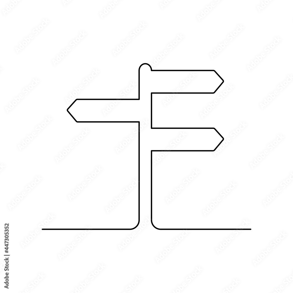 Road sign arrows one continuous line drawing. Signpost outline in three ...