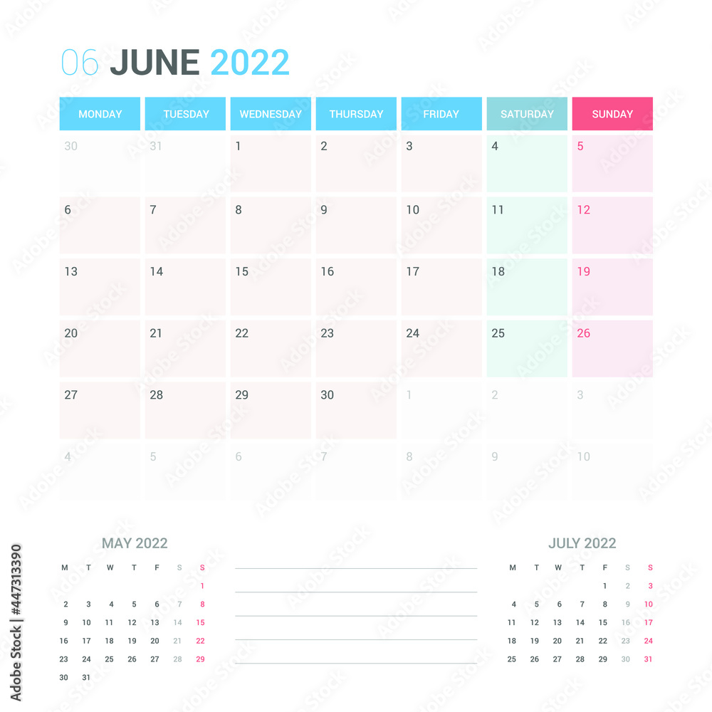 Vetor de June 2022 Planner Calendar Week starts on Monday. Simple and ...