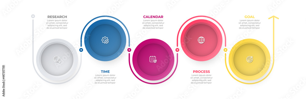Vector timeline infographic label design with circle and icons ...