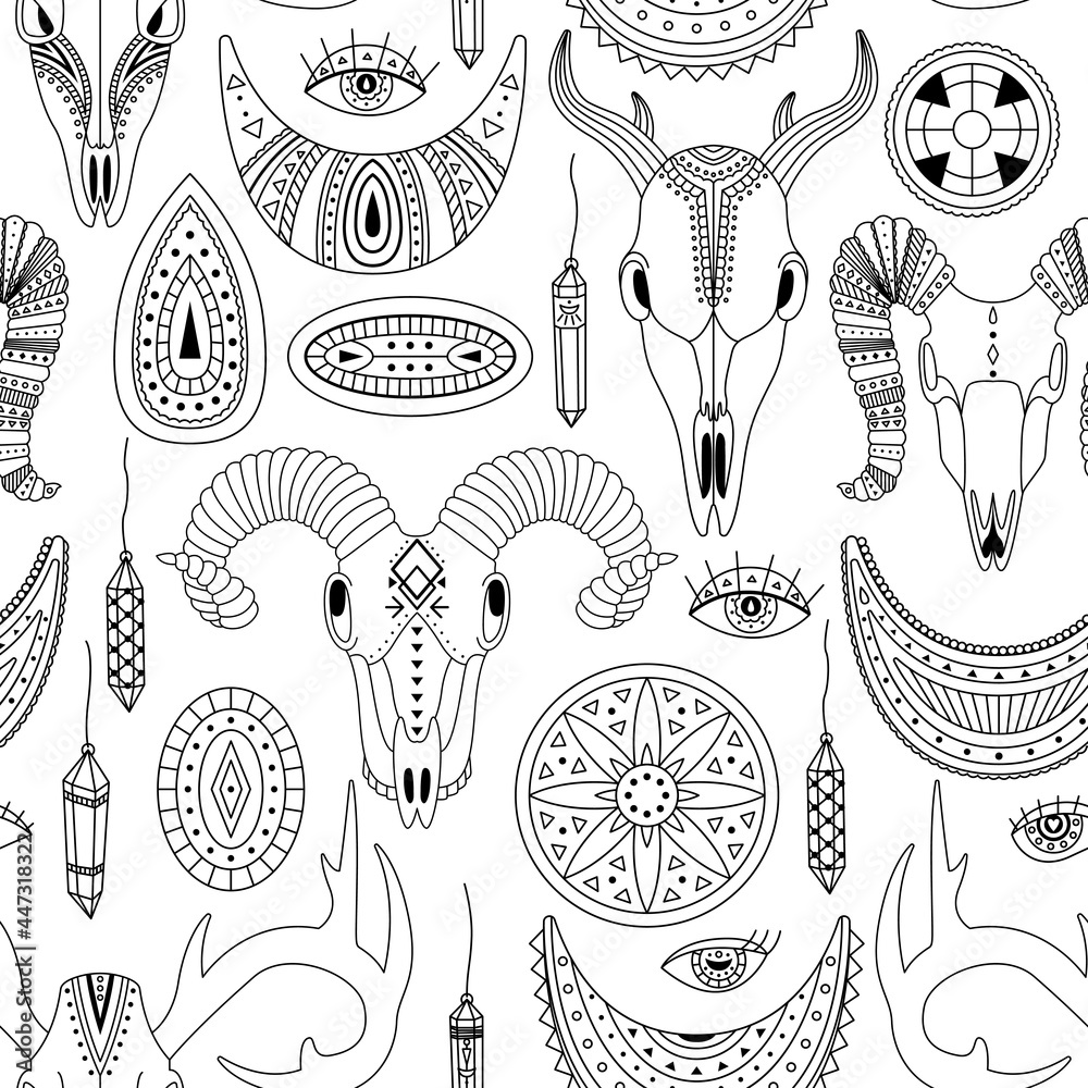 Vector seamless pattern with boho illustrations. Bohemian background ...