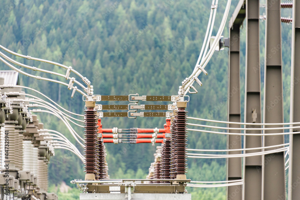 The electric power station transformer, high-voltage equipment object ...