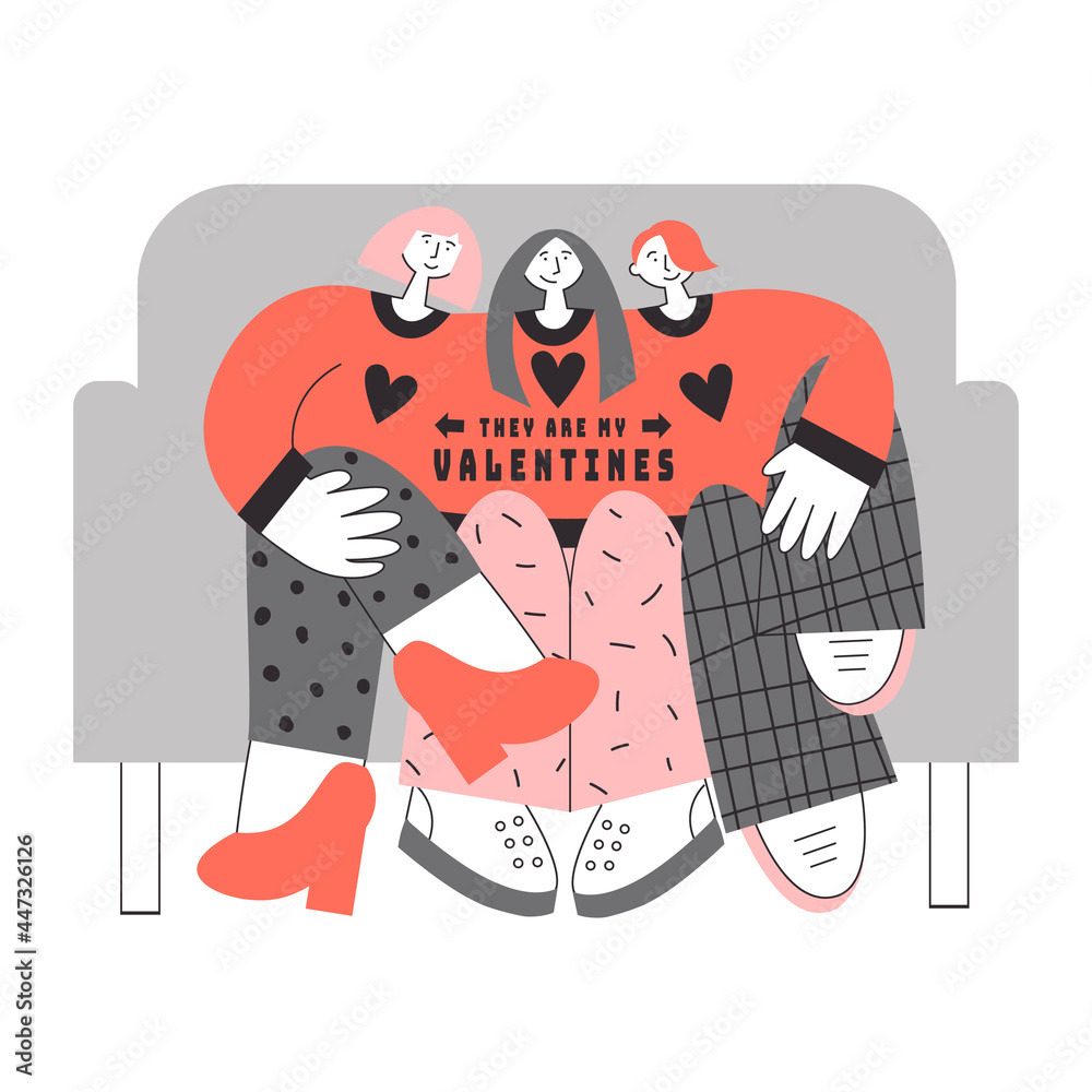 Modern polyamorous family celebrating Valentines day on a sofa. Three ...