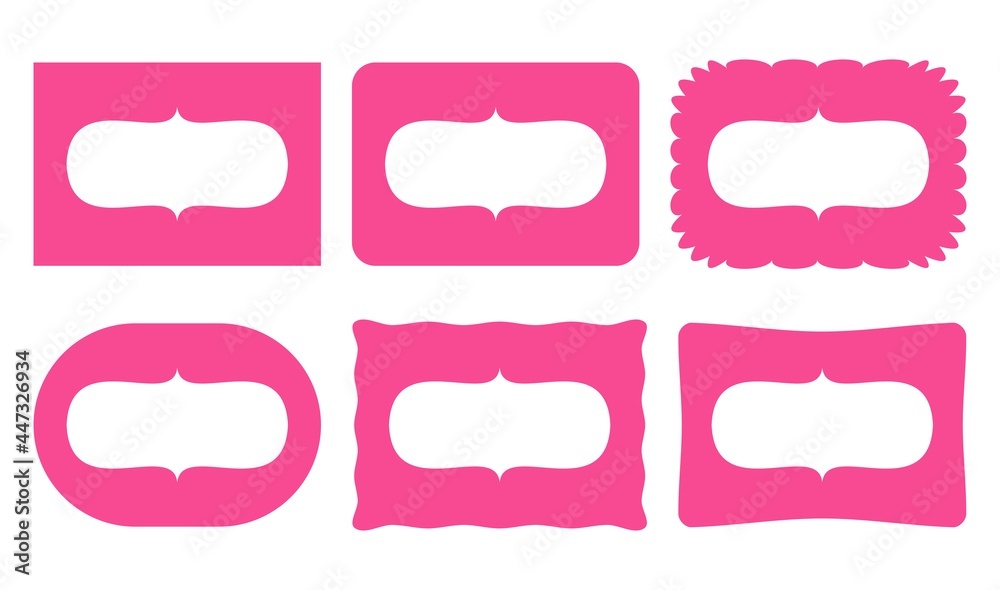 set of pink labels, set of six vector curly simple frames, silhouettes ...