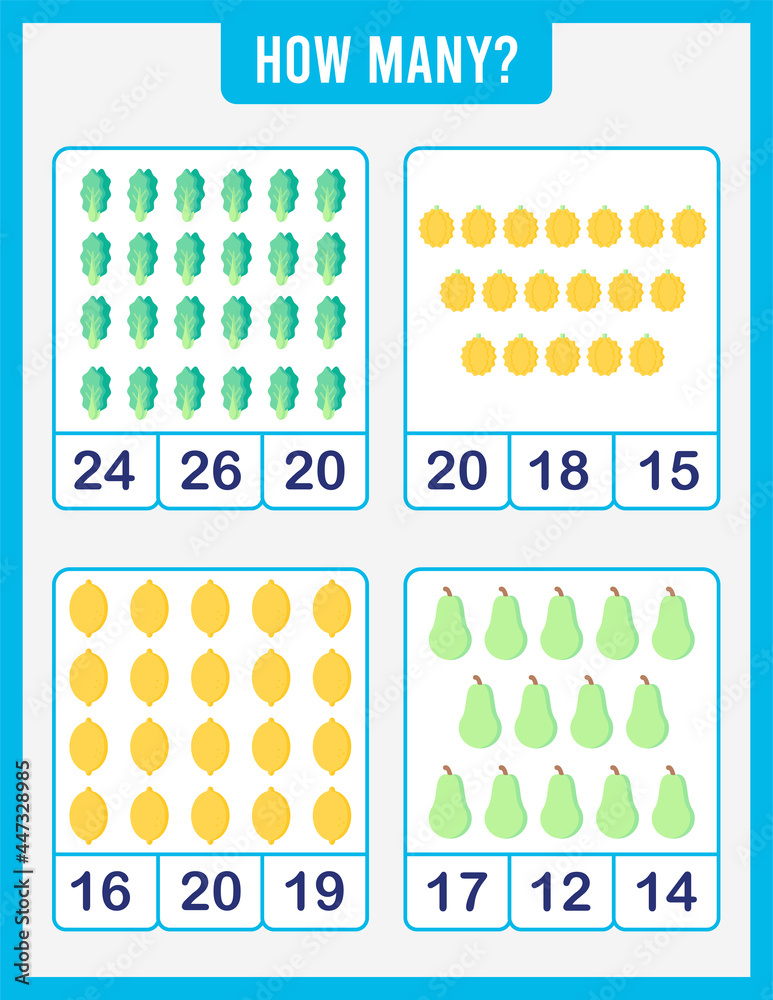 Educational worksheet for preschool children. Count fruits and ...
