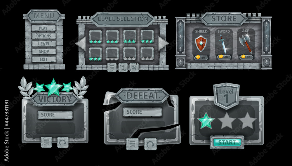 Stone medieval game menu frame set, vector UI button icon kit, victory ...
