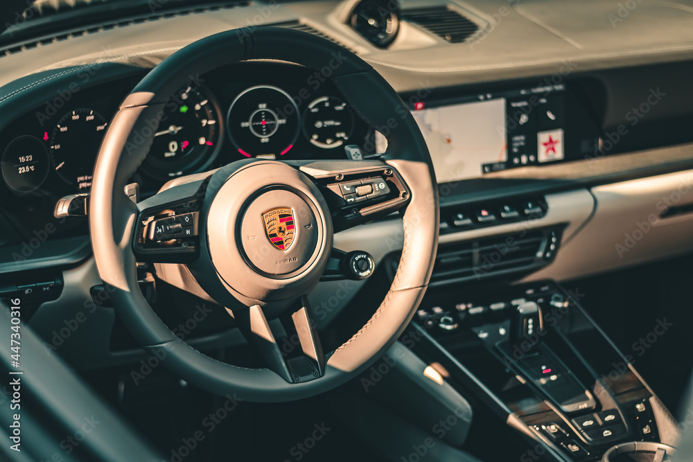 Porsche 992 Carerra 4s Cabriolet 911 interior cockpit view, steering ...