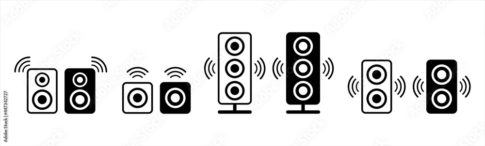Music speaker icon, Loud woofer box vector icons set design, outline ...