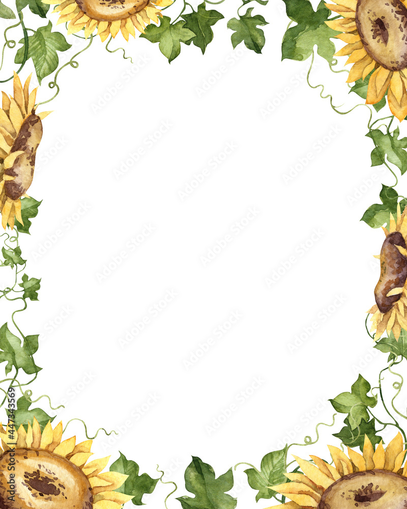 Greeting card and stationery template with floral frame. Hand painted ...