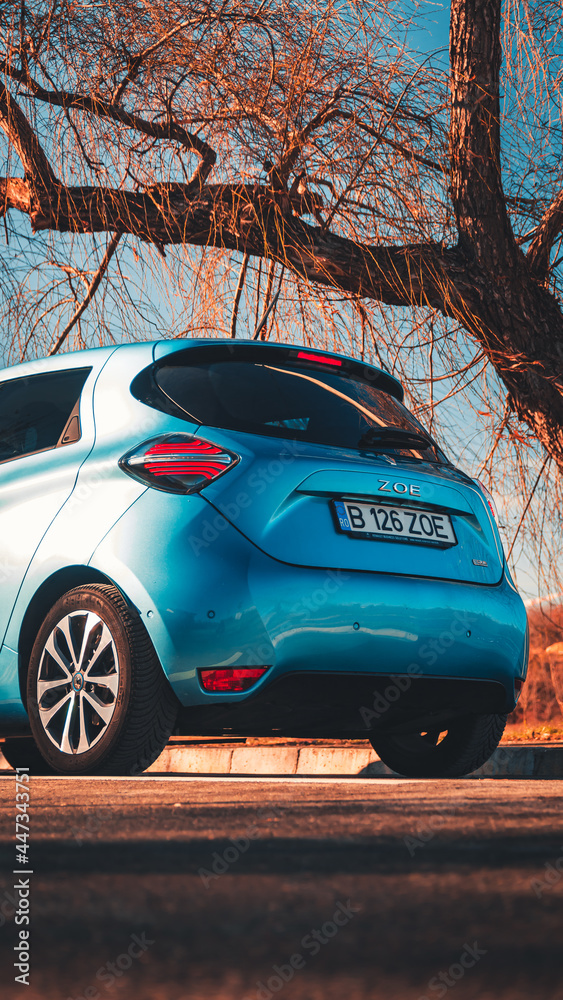 Renault Zoe full electric vehicle rear end shot, stop lights, wheel and ...