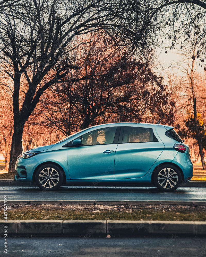 Renault Zoe full electric vehicle side view, wheels, doors and lights ...