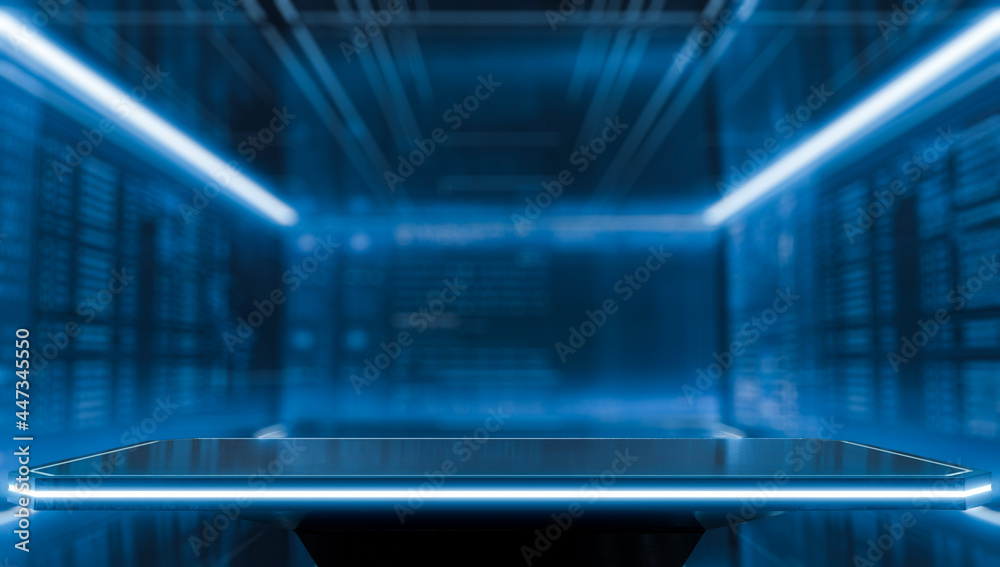 Futuristic table pedestal for display with illuminated light. Blank ...