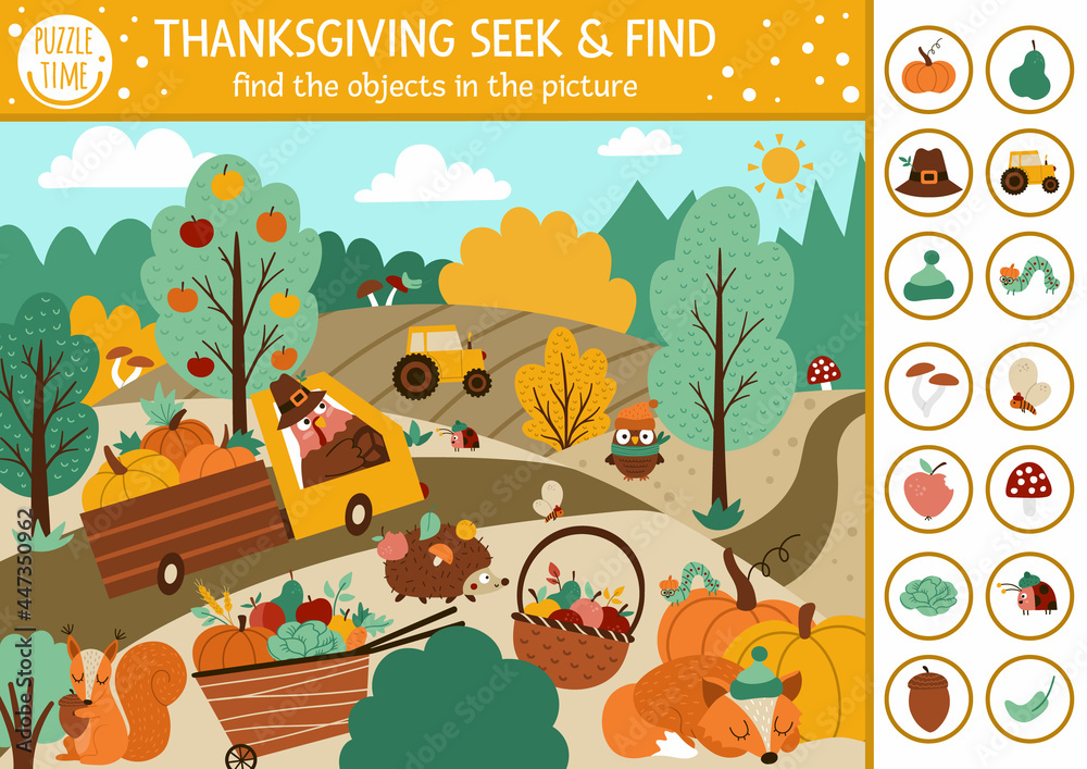 Vector Thanksgiving searching game with cute animals in the farm field ...