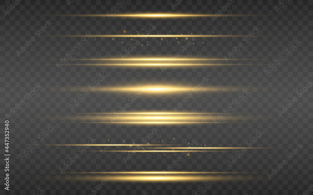 Glow lines set. Gold light effect on transparent background. Bright ...