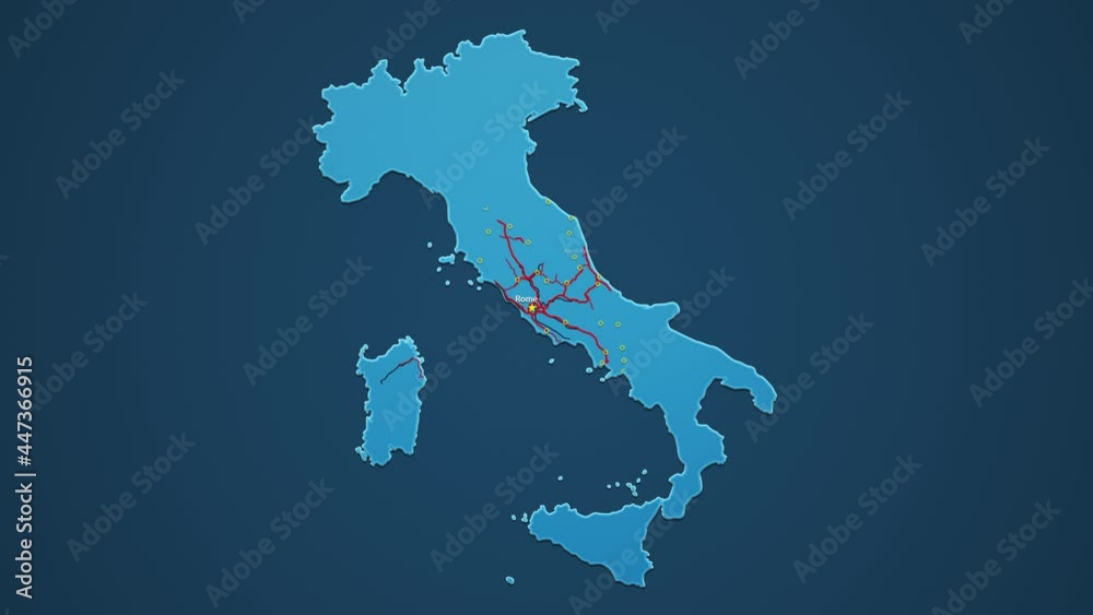 Light blue map of Italy with cities, roads and railways on a dark blue ...