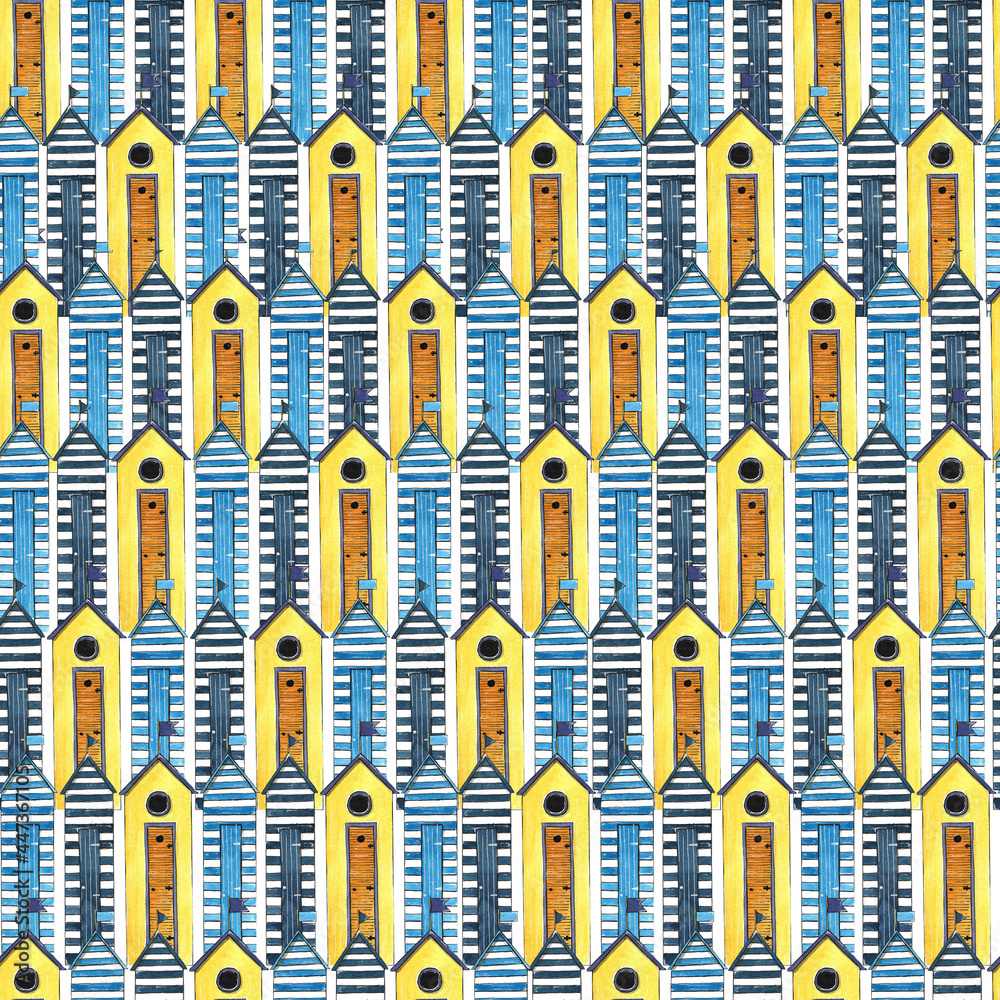 Watercolor beach huts, Seamless pattern, Sketch illustration, Seaside ...