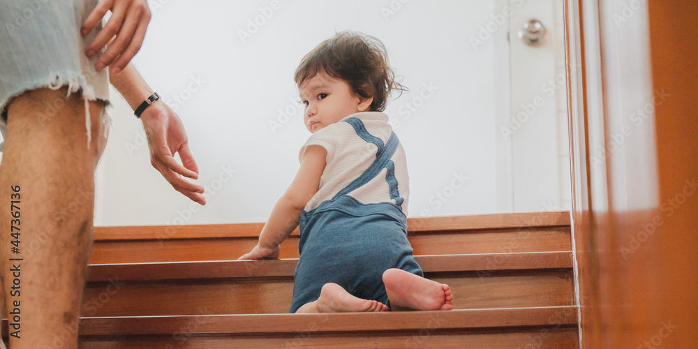 little toddler children with first walk step with stairs at home, small ...