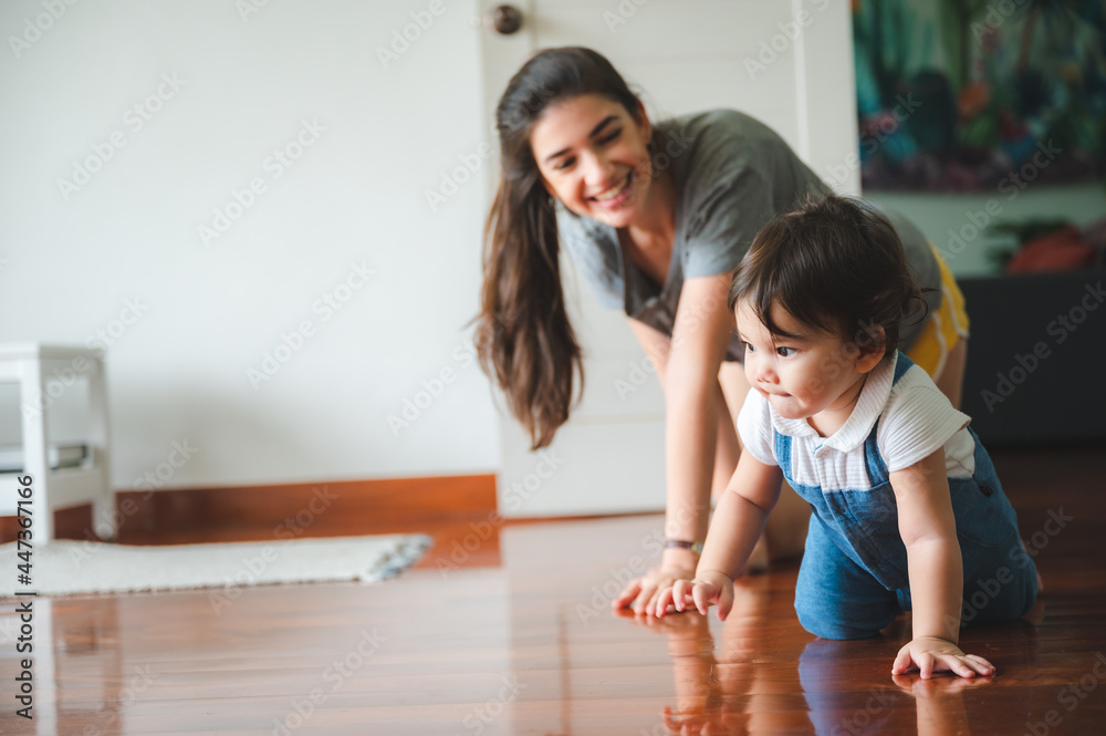 little toddler children with first walk step with stairs at home, small ...