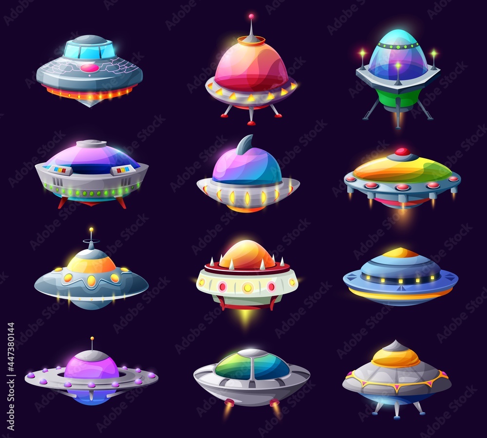 Cartoon ufo alien spaceships and space crafts, vector saucers, galaxy ...