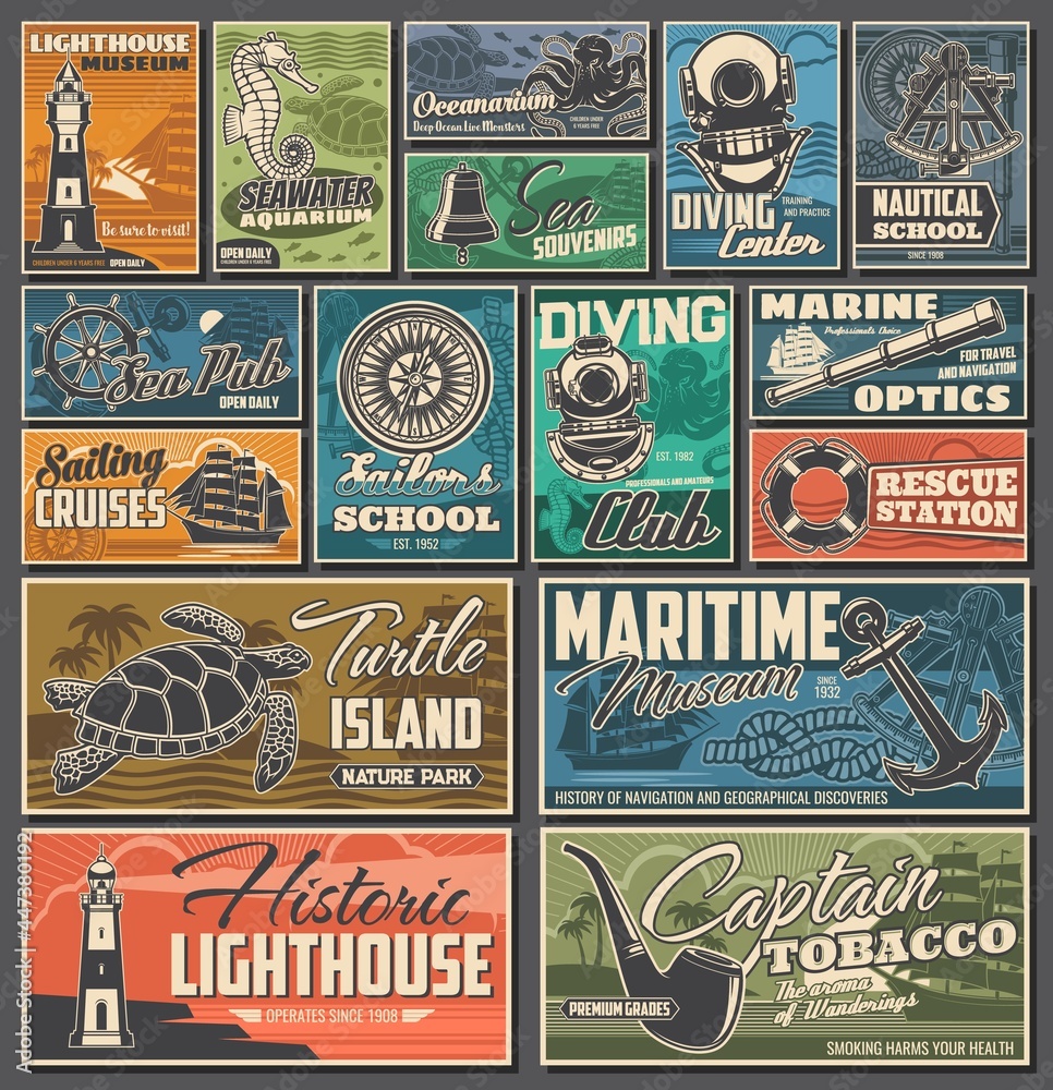 Nautical and marine vintage posters. Diving club, maritime history ...