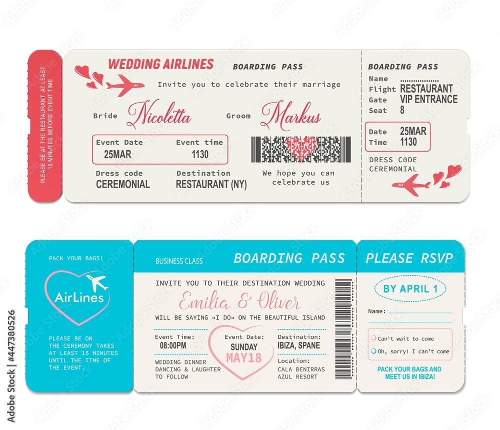 Boarding pass tickets, wedding invitation vector template. Wedding ...