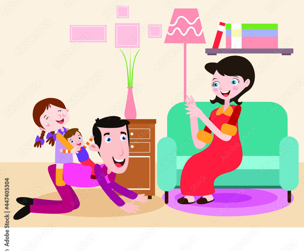 Playful children cartoon character riding their father at home Stock ...