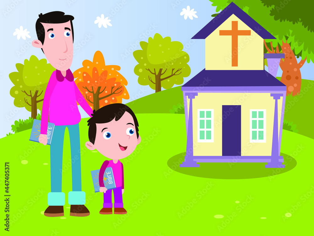 Little boy cartoon character and his father going to church while ...