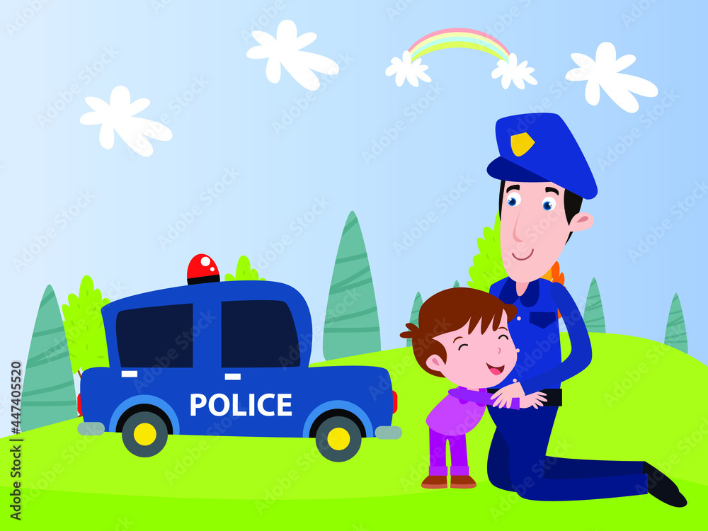 Little boy cartoon character hugging his father in police uniform Stock ...