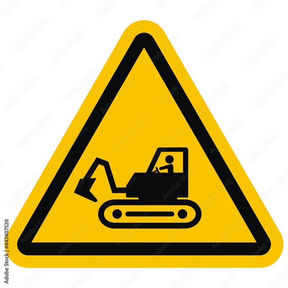 Excavator, black silhouette of road vehicle , traffic sign, yellow ...