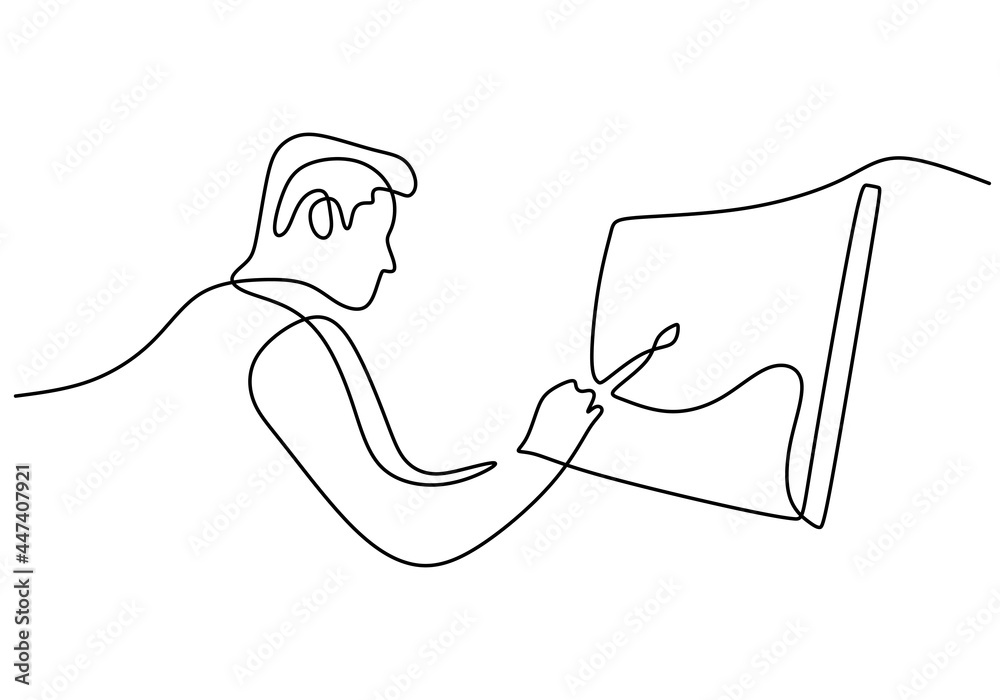 One continuous line drawing of painter artist. A man standing painting ...