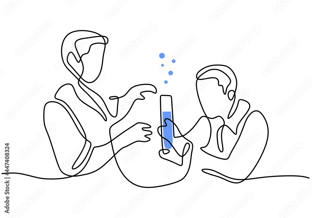 Continuous single line drawing of two male scientist doing experiment ...