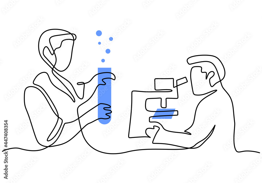 Continuous single line drawing of two male scientist doing experiment ...