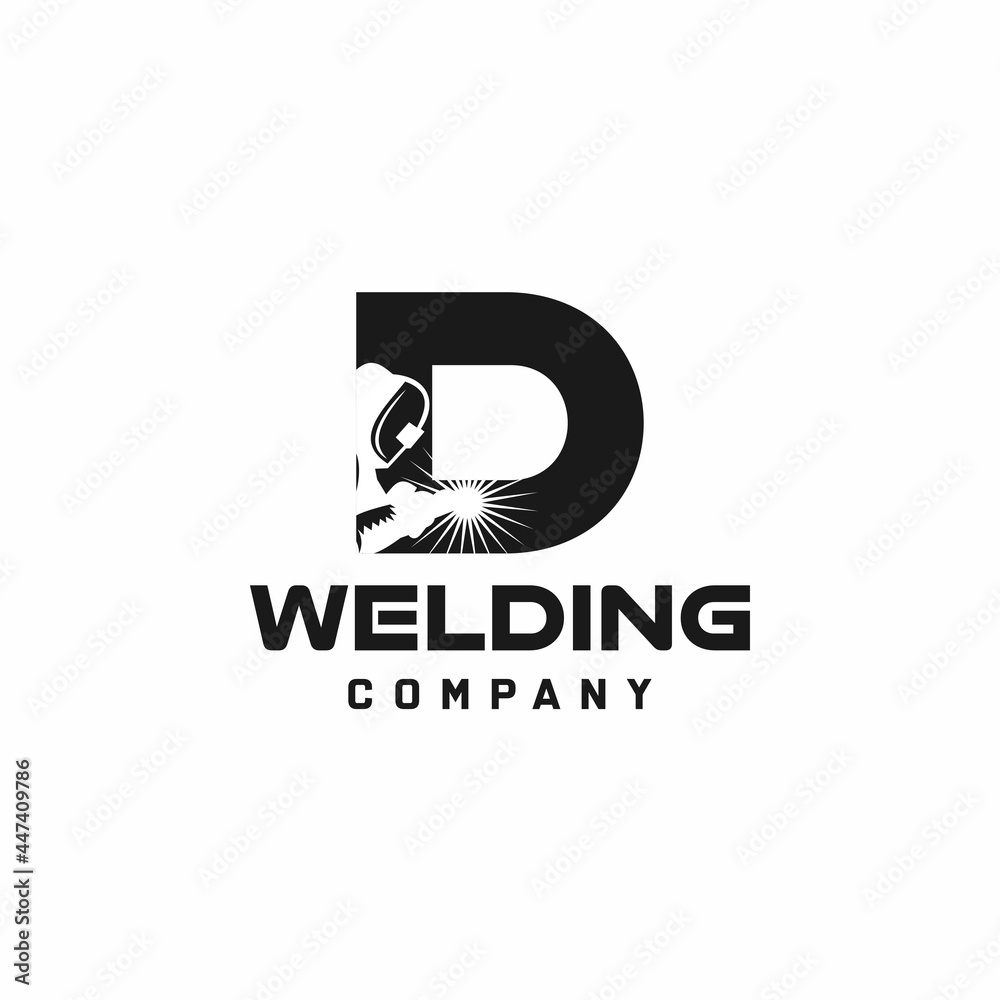 Letter D welding logo, welder silhouette working with weld helmet in ...