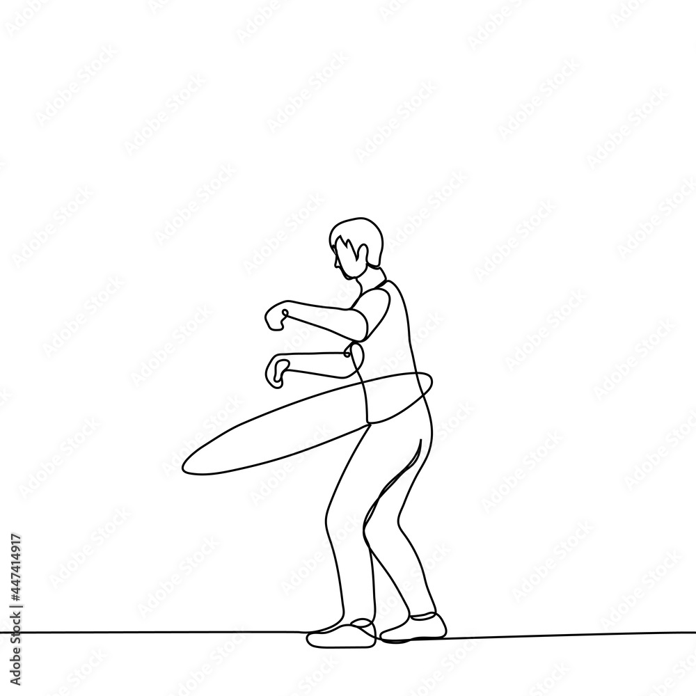 man twists hula hoop at the waist - one line drawing. male full length ...