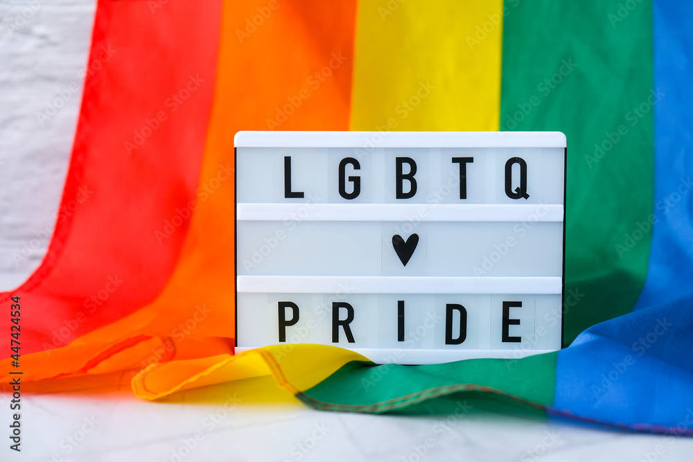 Rainbow flag with lightbox and text LGBTQ PRIDE. Rainbow lgbtq flag ...