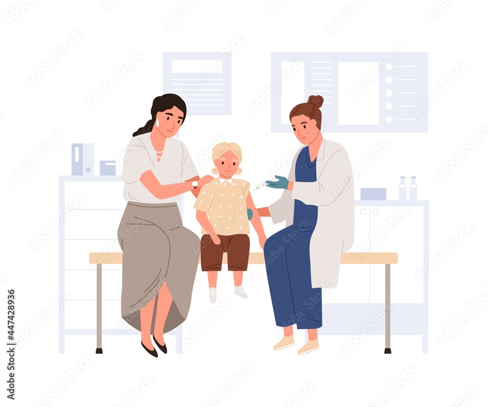 Nurse making vaccine injection to child in hospital. Vaccination of kid ...