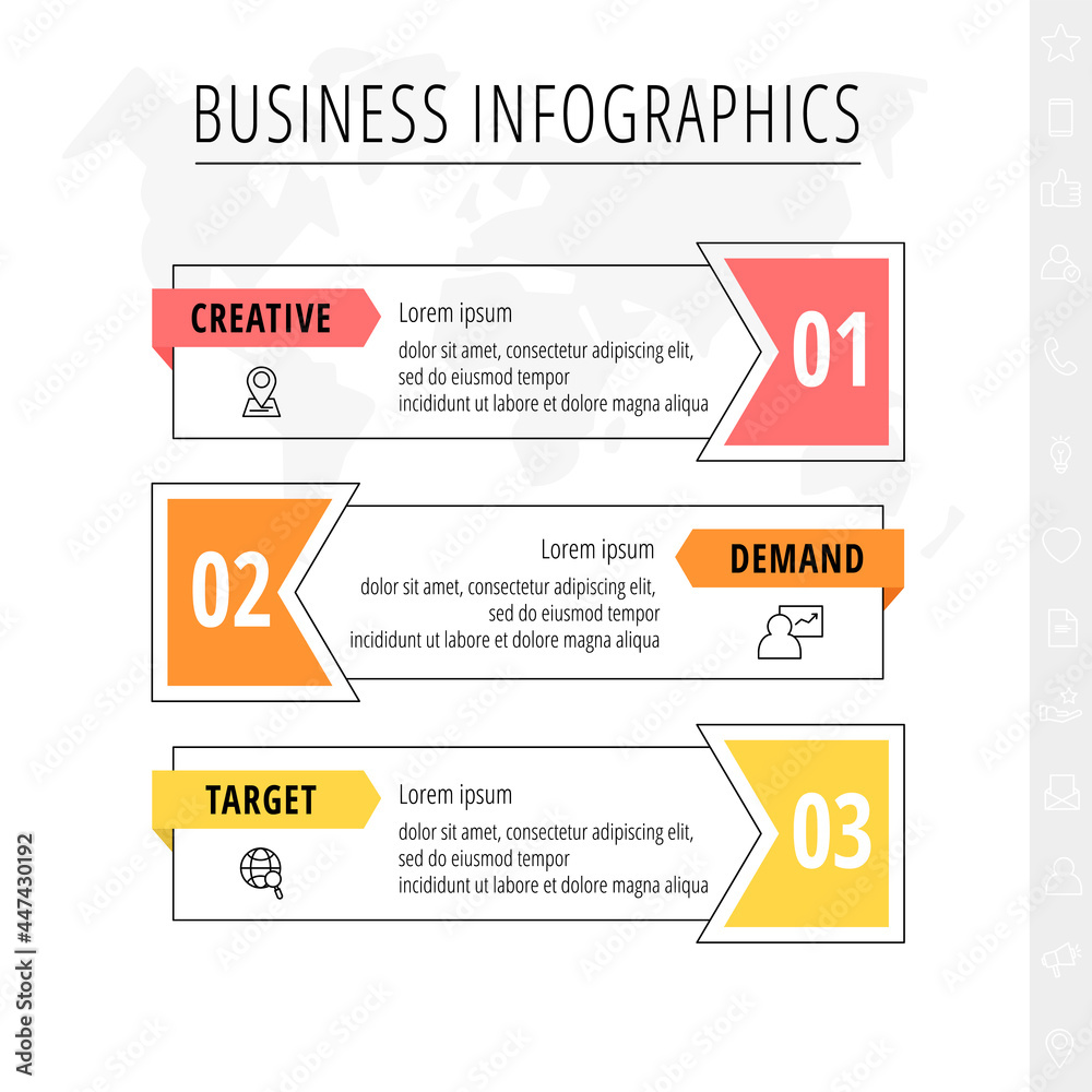 Vector three step line infographic with icons and labels. Modern ...