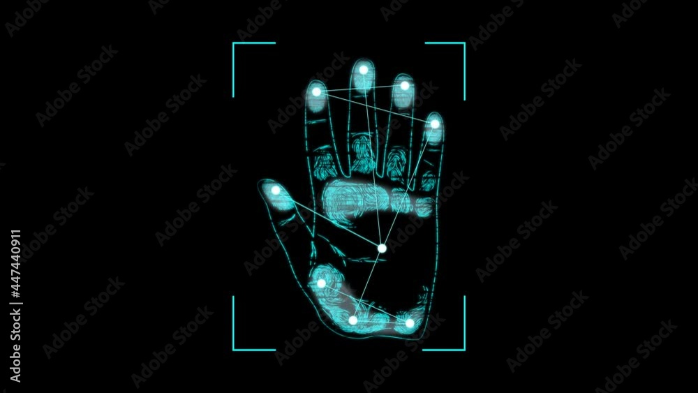 Biometric handprint scan over black background. Moving frame with neon ...