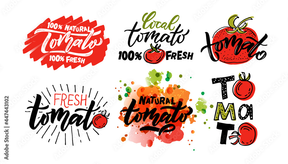 Hand sketched Tomato product lettering typography. Concept for farmers ...