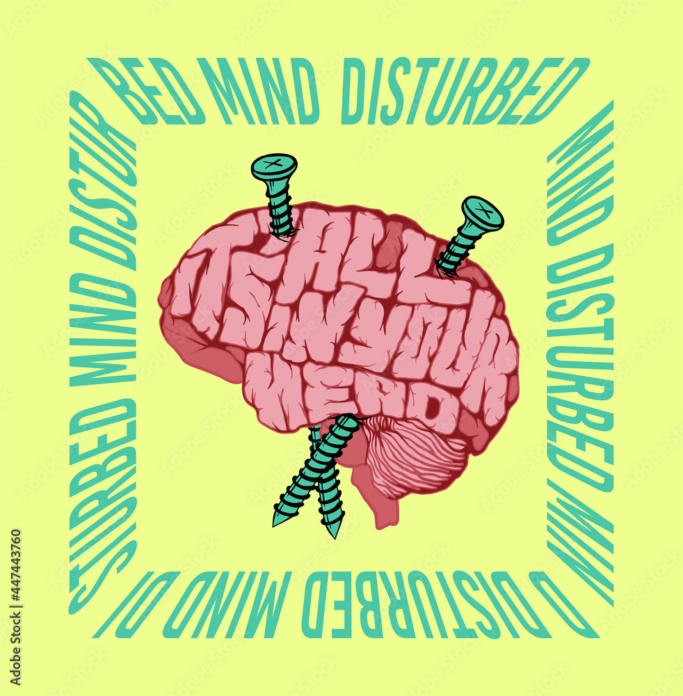 brain with screw through hand drawn illustration and custom typographic ...