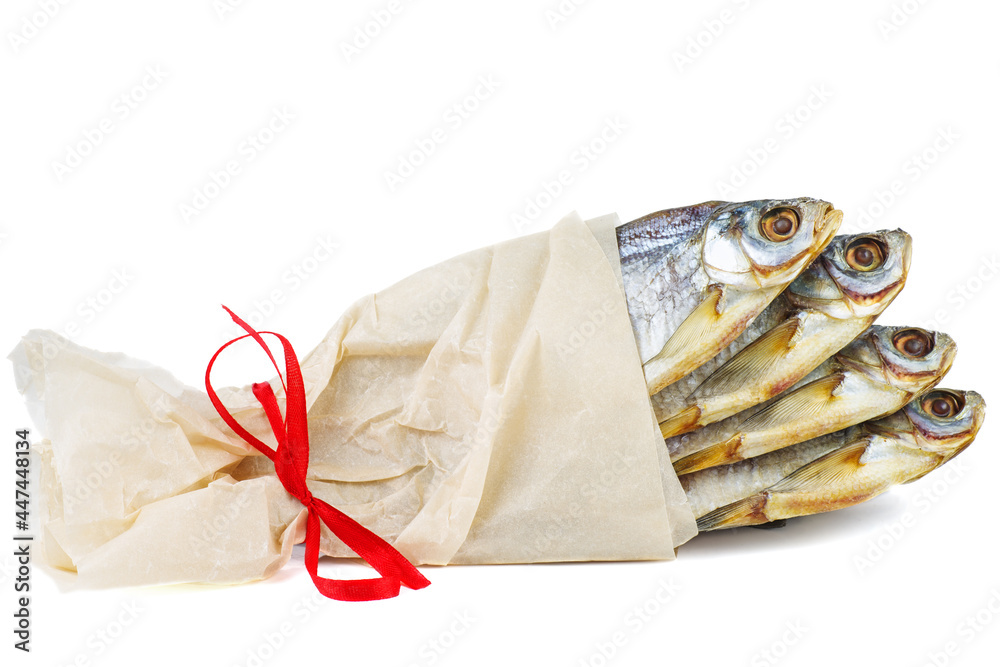 Bunch of dried white-eye bream (Ballerus sapa) fish isolated on a white ...
