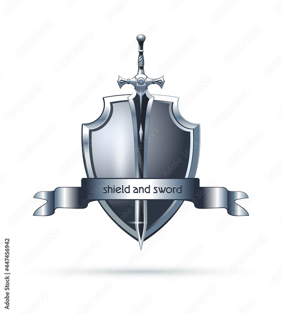 Shield and sword logo design. Large two-handed sword on the background ...