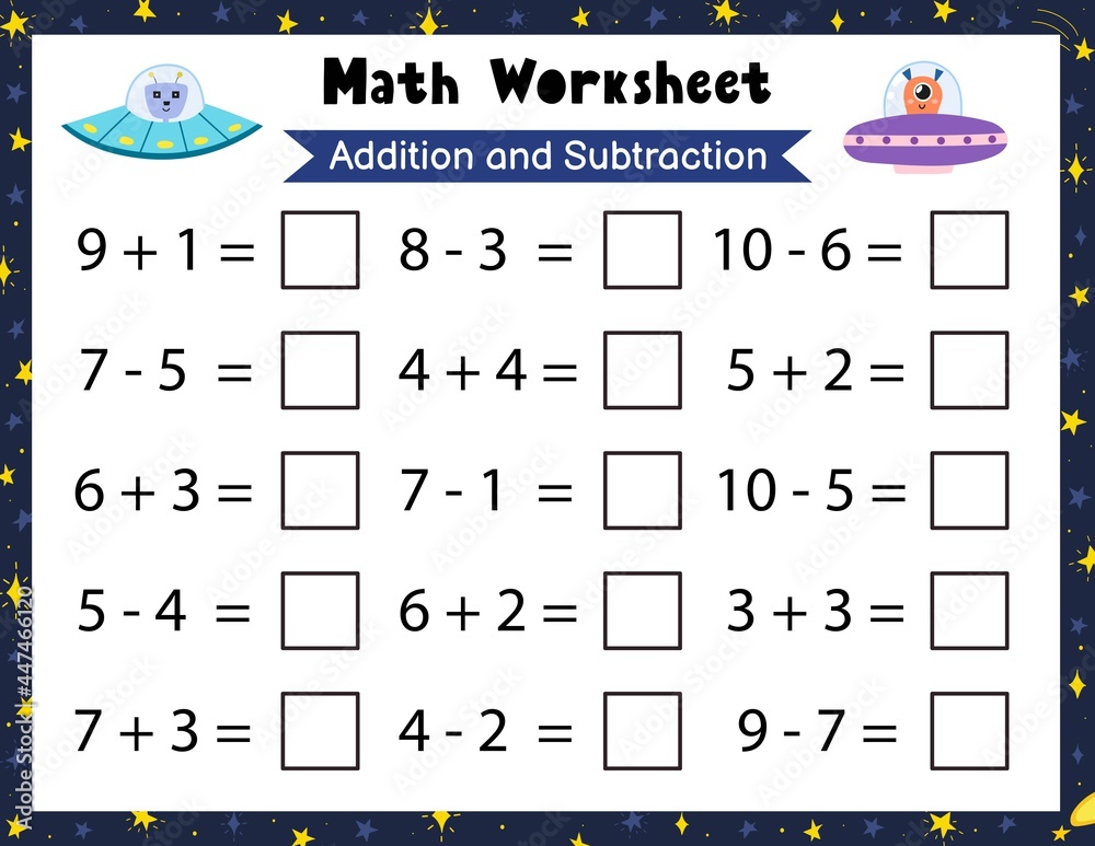 Math worksheet for kids. Addition and Subtraction. Space mathematic ...