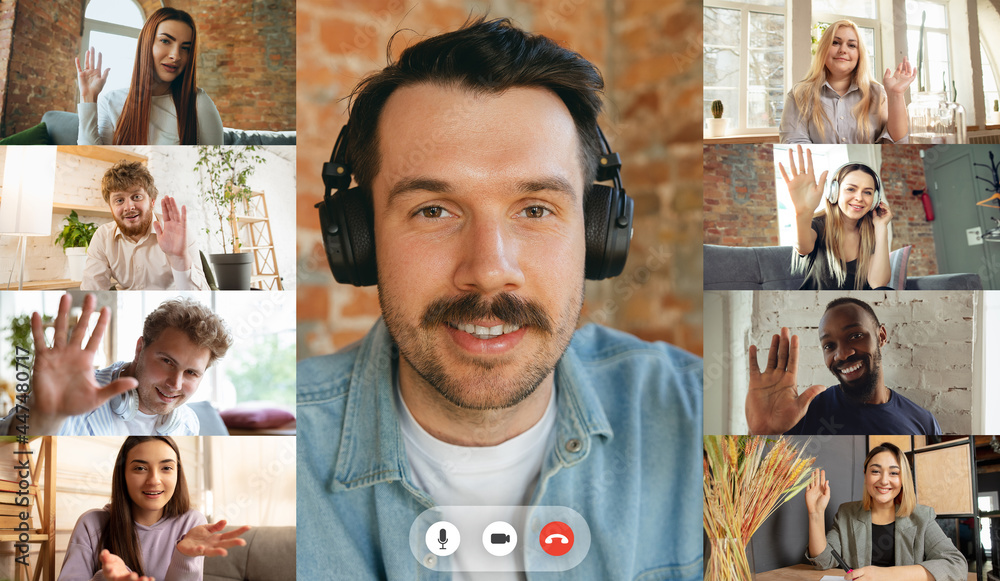 Greetings. Team working by group video call share ideas brainstorming ...