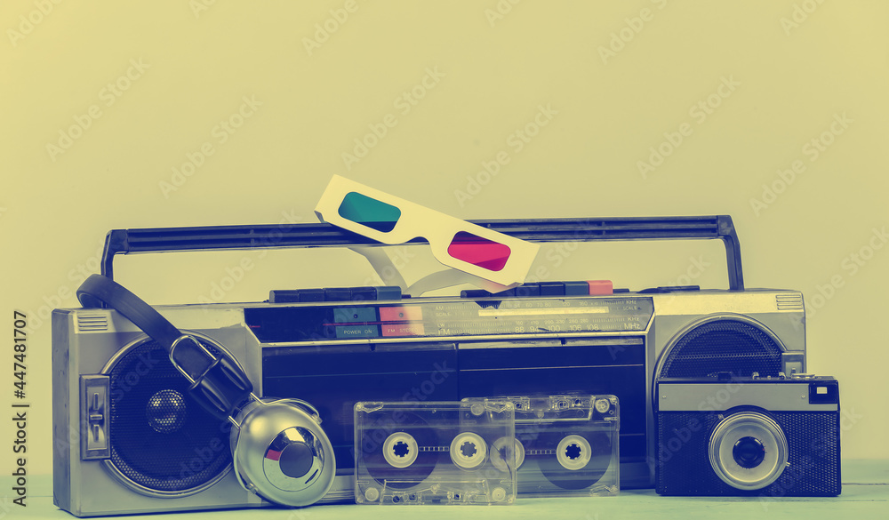 80s Retro outdated portable stereo radio cassette recorder, headphones ...