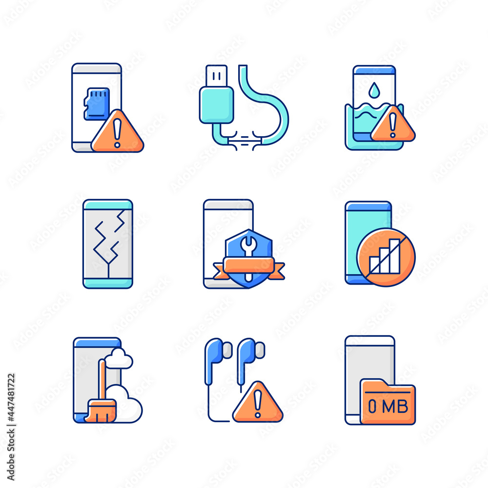 Mobile phone technical issues RGB color icons set. Broken and failed ...