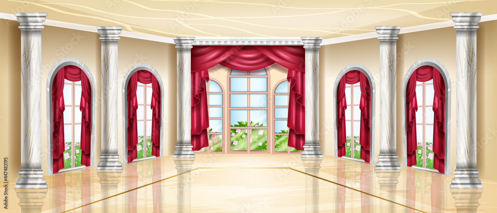 Empty palace interior, luxury vector ballroom, royal wedding banquet ...