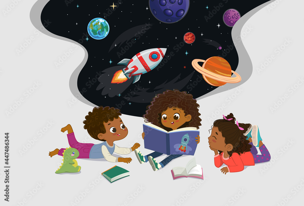 Amazed dark skin kids reading fantasy cosmos book storybook open space ...