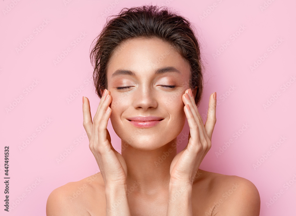 Beautiful woman with perfect skin on pink background. Beauty and skin ...